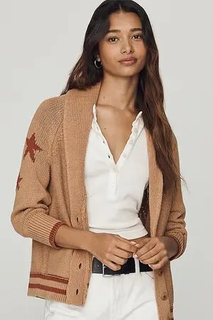 Maeve Maeve Shawl Collar American Flag Cardigan Sweater Brown Pattern