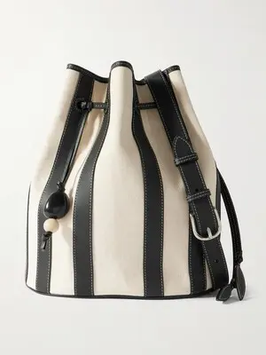 HUNTING SEASON Extra Large Drawstring Leather-trimmed Striped Canvas Bucket Bag