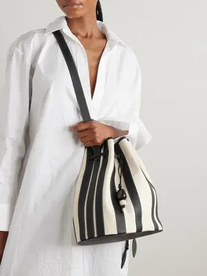 HUNTING SEASON Extra Large Drawstring Leather-trimmed Striped Canvas Bucket Bag