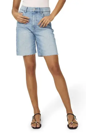 Warp + Weft 90s Raw Hem High Waist Mid Thigh Denim Shorts