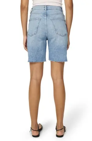 Warp + Weft 90s Raw Hem High Waist Mid Thigh Denim Shorts
