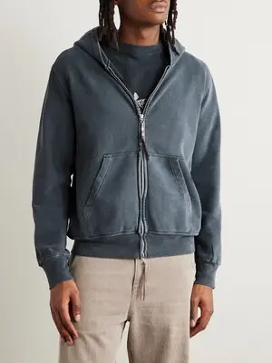 Remi Relief Distressed Cotton-Jersey Zip-Up Hoodie - Black