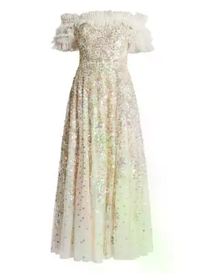 NEEDLE & THREAD Sequin-embellished Off-shoulder Dress