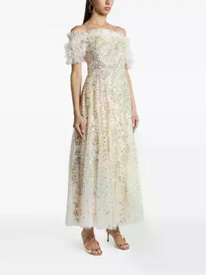 NEEDLE & THREAD Sequin-embellished Off-shoulder Dress