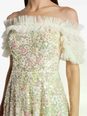 NEEDLE & THREAD Sequin-embellished Off-shoulder Dress