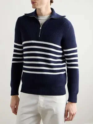 Brunello Cucinelli Striped Ribbed Cotton Half-zip Sweater
