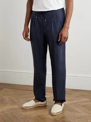 Brunello Cucinelli Tapered Pleated Linen Drawstring Trousers - Blue