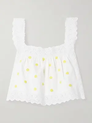 Loretta Caponi Fiocchini Broderie Anglaise-trimmed Polka-dot Cotton-poplin Top - White