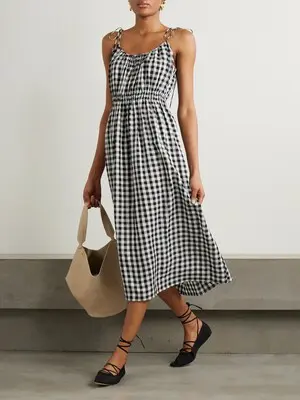 DÔEN Leslie Tie-detailed Smocked Gingham Voile Midi Dress - Black