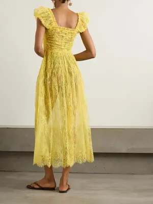 DÔEN Pamelina Ruffled Shirred Lace Midi Dress