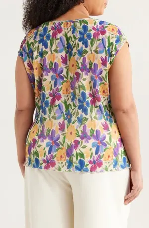 TAHARI ASL Floral Plissé Cap Sleeve Top - Sand Jungle