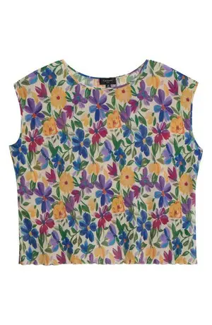 TAHARI ASL Floral Plissé Cap Sleeve Top - Sand Jungle