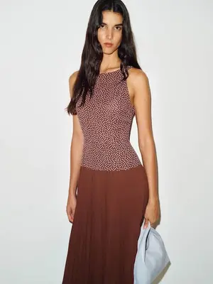 REFORMATION Sleeveless High Neck Midi Dress With Drop Waist And Pleated Skirt