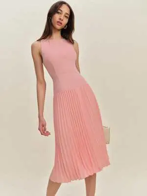 REFORMATION Sleeveless High Neck Midi Dress With Drop Waist And Pleated Skirt