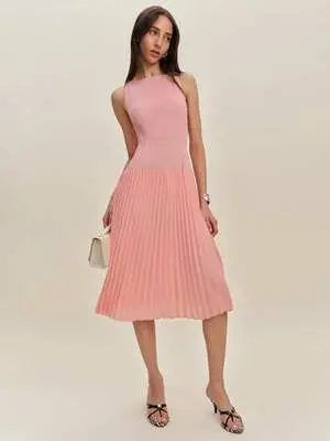 REFORMATION Sleeveless High Neck Midi Dress With Drop Waist And Pleated Skirt