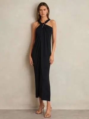 REISS Eliza Gathered Neck Jersey Midi Dress - Navy