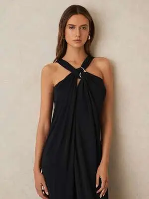 REISS Eliza Gathered Neck Jersey Midi Dress - Navy