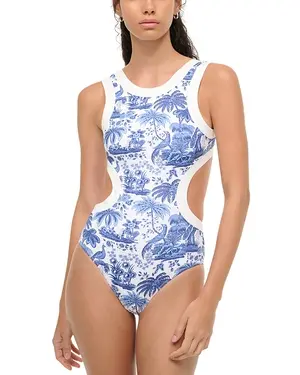 Staud Dolce One Piece Swimsuit - Blue Toile