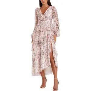Mac Duggal Puff Sleeve Floral Printed Midi Dress - Blush Multi