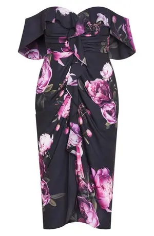 City Chic Off-the-shoulder Floral Print Midi Dress