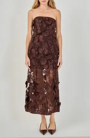 Endless Rose Floral Embroidery Strapless Dress Mocha
