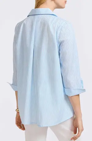 Foxcroft Striped Cotton Button-up Shirt With Floral Embroidery