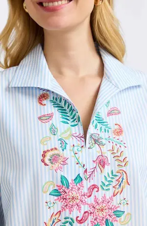Foxcroft Striped Cotton Button-up Shirt With Floral Embroidery