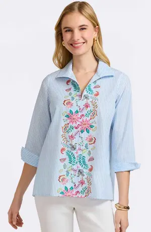Foxcroft Striped Cotton Button-up Shirt With Floral Embroidery