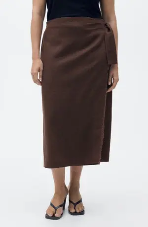 Mango Side Tie Linen Wrap Skirt