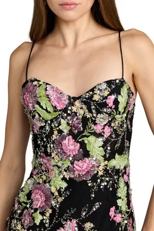 Mac Duggal Embellished Bustier Floral Trumpet Gown - Black Multi