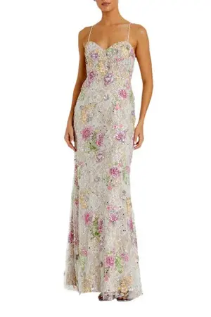 Mac Duggal Embellished Bustier Floral Trumpet Gown - Ivory Multi