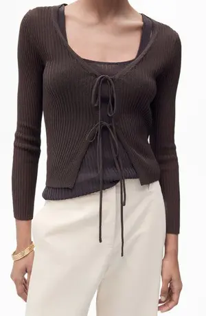 Mango Ribbed Cotton Blend Tie-front Cardigan - Chocolate