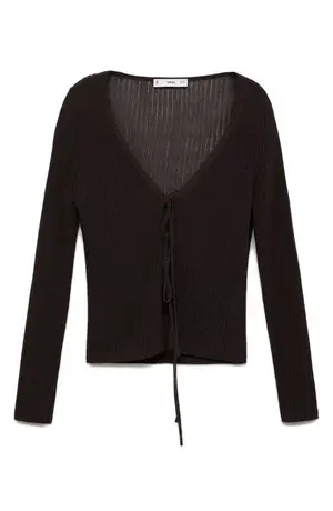 Mango Ribbed Cotton Blend Tie-front Cardigan - Chocolate