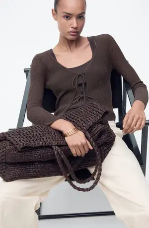 Mango Ribbed Cotton Blend Tie-front Cardigan - Chocolate