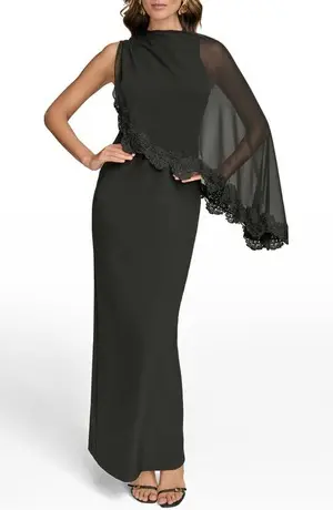 Donna Karan New York Lace Trim Capelet Cocktail Dress - Black