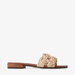 JIMMY CHOO Chara Tan Leather And Crochet Raffia Slides