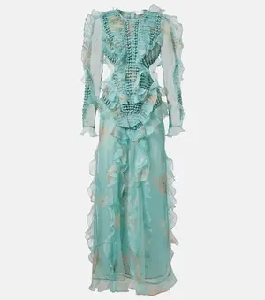 Zimmermann Illuminate Floral Ruffled Silk Organza Gown - Blue