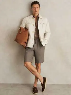 REISS Linen Drawstring Shorts Mushroom Brown