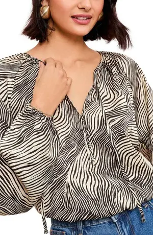 FRIENDS LIKE THESE Mono Print Tie Neck Top - Black