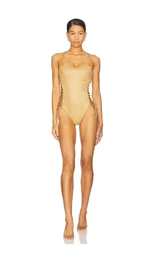 Luli Fama Golden Sunset Square Neck Laced Up One Piece Swimsuit - Gold
