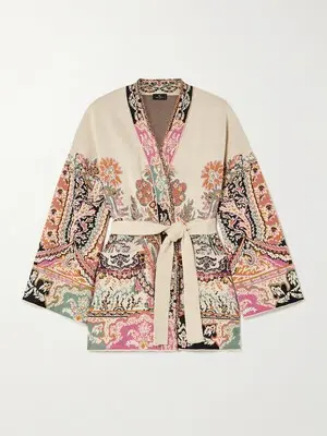 Etro Belted Silk, Cotton, And Linen-jacquard Cardigan - Neutrals