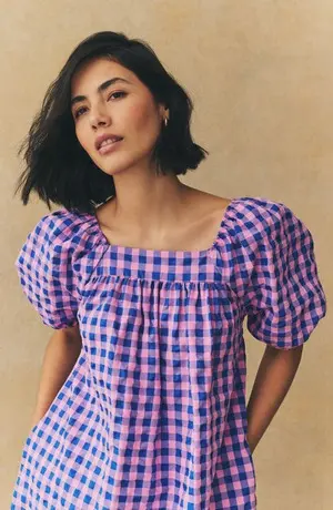NEXT Gingham Seersucker Puff Sleeve Dress