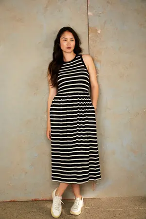 THE BSHIRT Racer Back Gathered Dress - Black / White Stripe