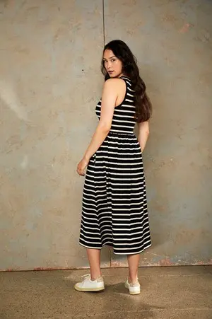 THE BSHIRT Racer Back Gathered Dress - Black / White Stripe