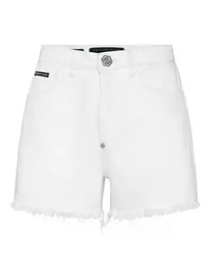 Philipp Plein Logo Embroidered Denim Shorts - White