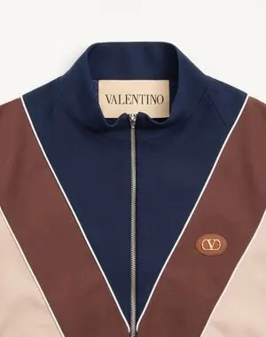 Valentino Garavani Nylon Zip-up Sweatshirt With Vlogo Patch - Blue/hazelnut/butter