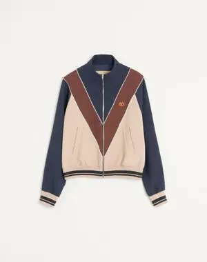 Valentino Garavani Nylon Zip-up Sweatshirt With Vlogo Patch - Blue/hazelnut/butter