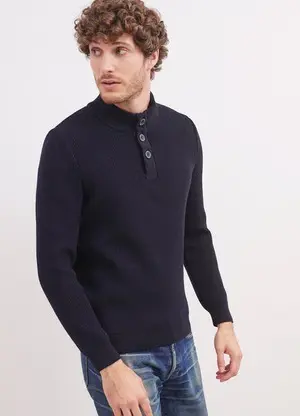 Saint James Bourboule Buttoned High Neck Sweater - Navy
