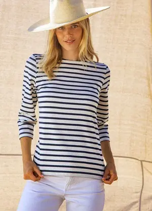 Saint James Galathee Ii 3/4 Sleeve Breton Striped Top - Ecru/navy