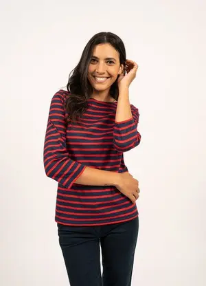 Saint James Galathee Ii 3/4 Sleeve Breton Striped Top - Navy/red